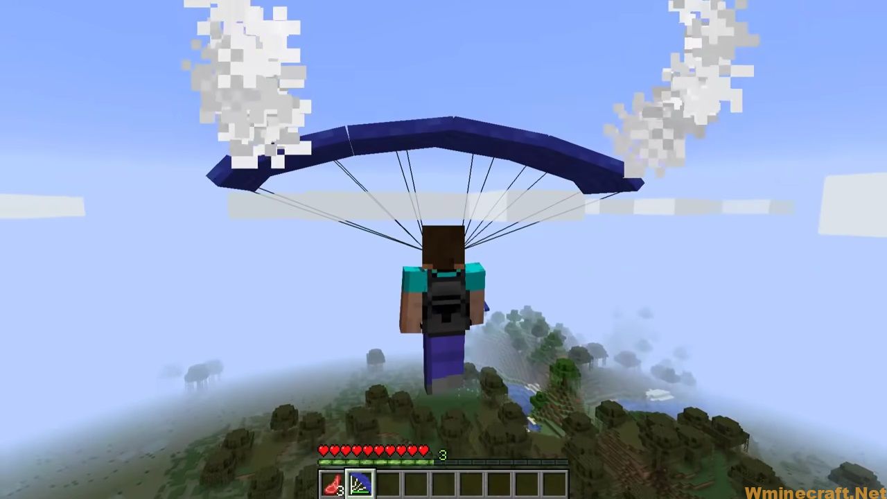 Parachuting in Minecraft game world with Parachute Mod 1.15.2